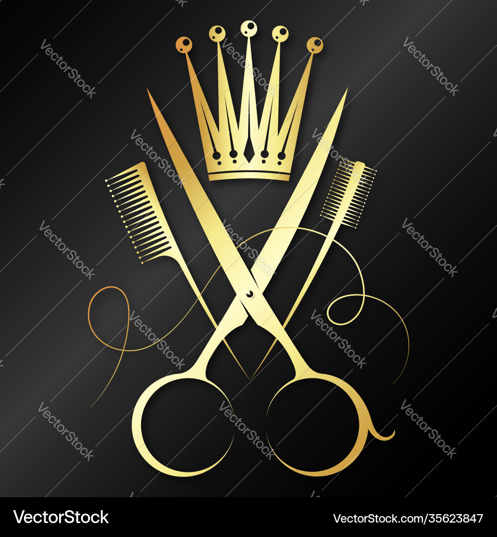 Gold Scissors & Crown Beauty Icon Royalty Free Vector