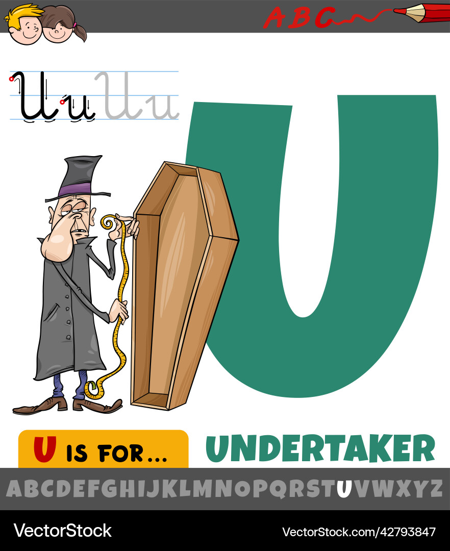 Letter u from alphabet with cartoon undertaker Vector Image