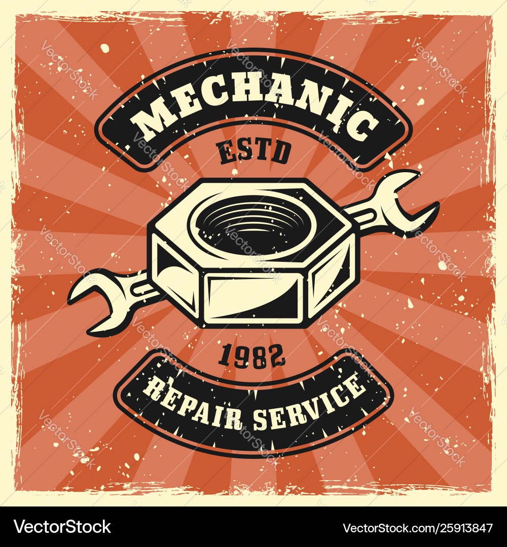 Screw nut and wrench mechanic emblem Royalty Free Vector