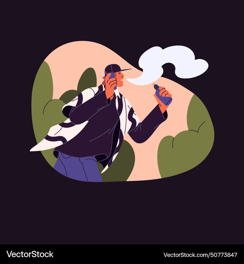 Young man vaper walks talks by phone hurry guy Vector Image