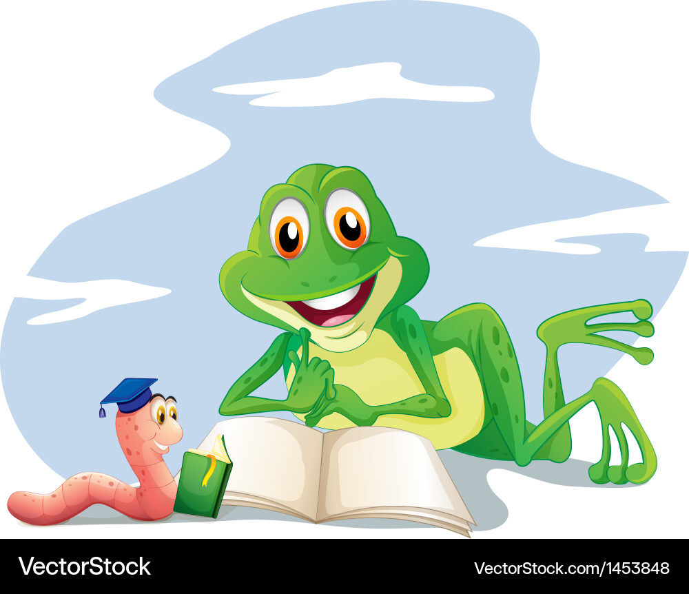 An earthworm and a frog reading Royalty Free Vector Image