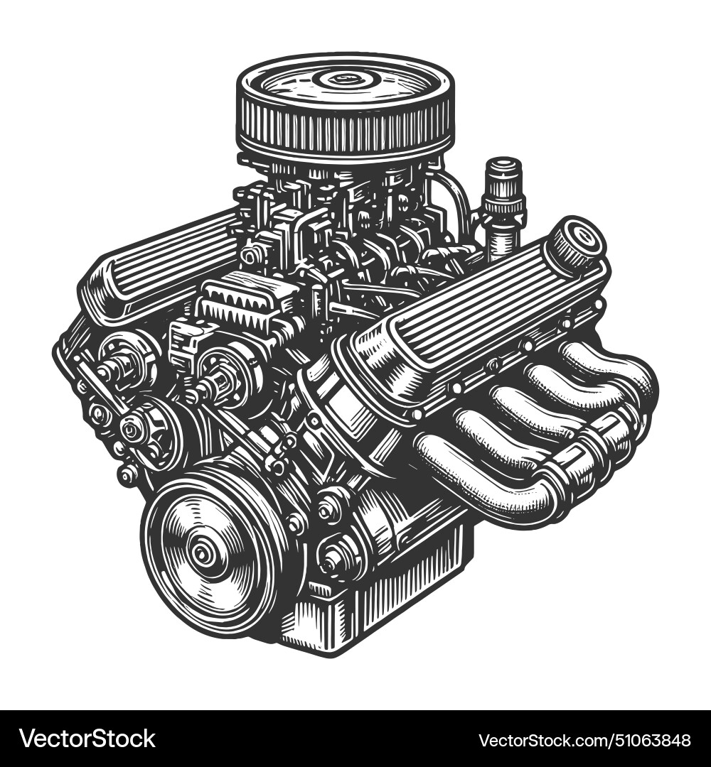 Detailed classic car engine engraving Royalty Free Vector