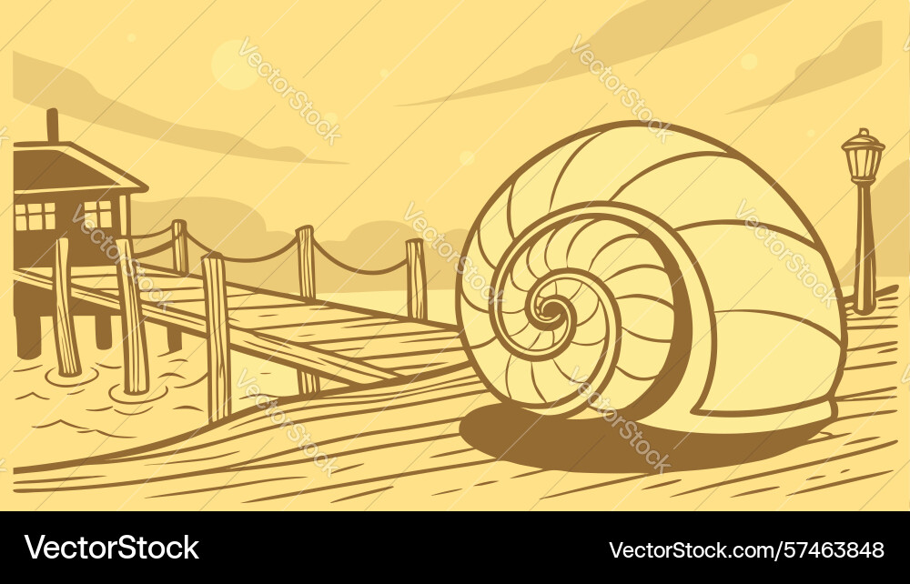 Nautilus shell on coastal pier art design Vector Image