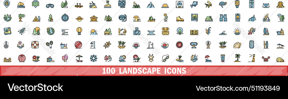 100 landscape icons set color line style Vector Image