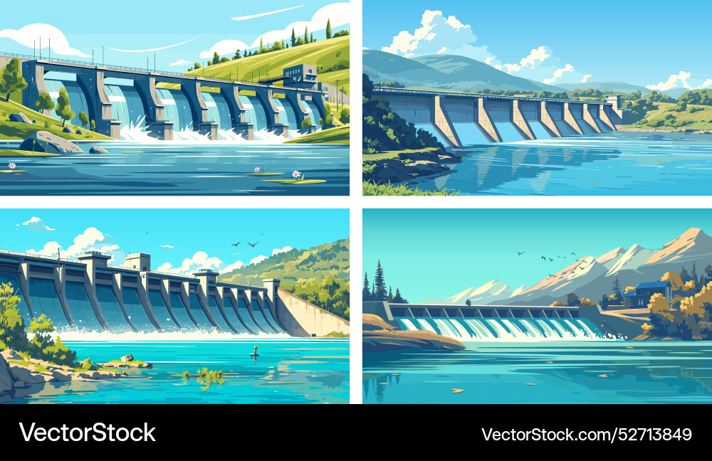 Cartoon dam set river landscape Royalty Free Vector Image