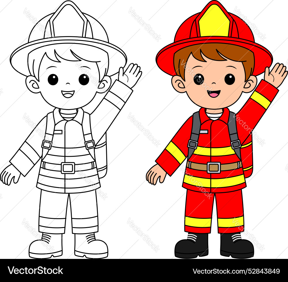 Firefighter boy waving hand outline cartoon Vector Image