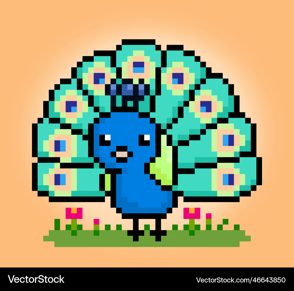 8 bit pixel peacock bird animal game assets Vector Image
