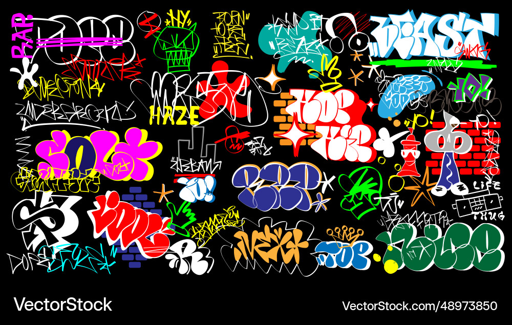Rap graffiti lettering doodles background Vector Image