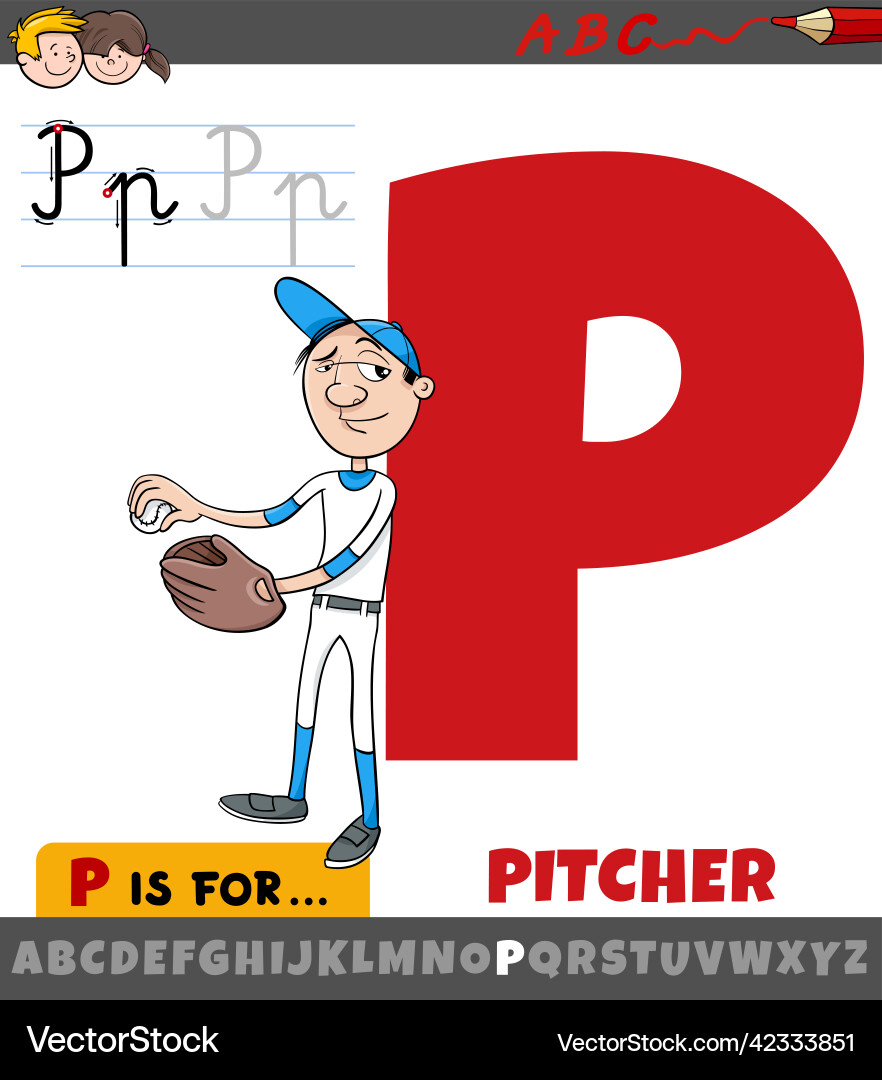 Buchstaben p aus Alphabet mit Cartoon-Pitcher Vektorbild