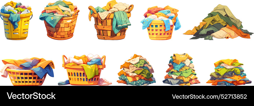 Cartoon dirty laundry set basket with messy Vector Image