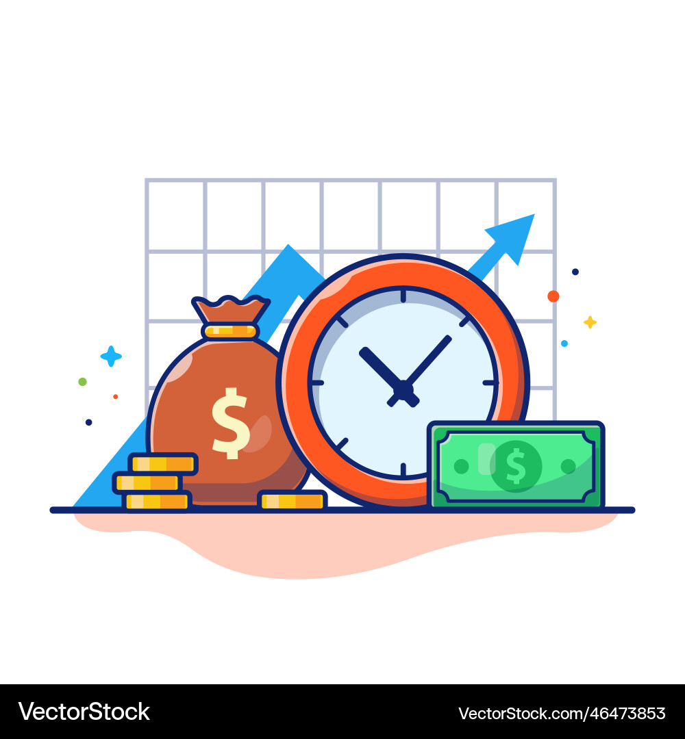 Clock with coin money and statistic graph cartoon Vector Image