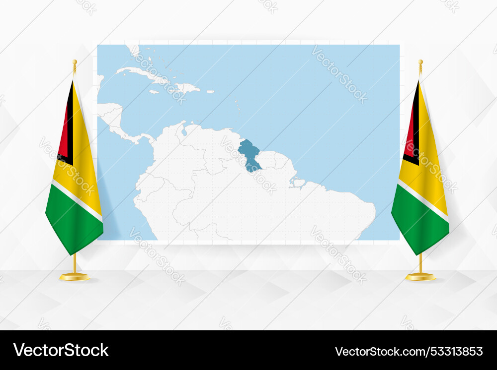 Map of guyana and flags of guyana on flag stand Vector Image