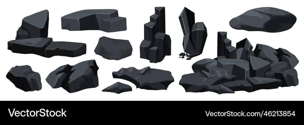 Charcoal black rocks and stones set Royalty Free Vector