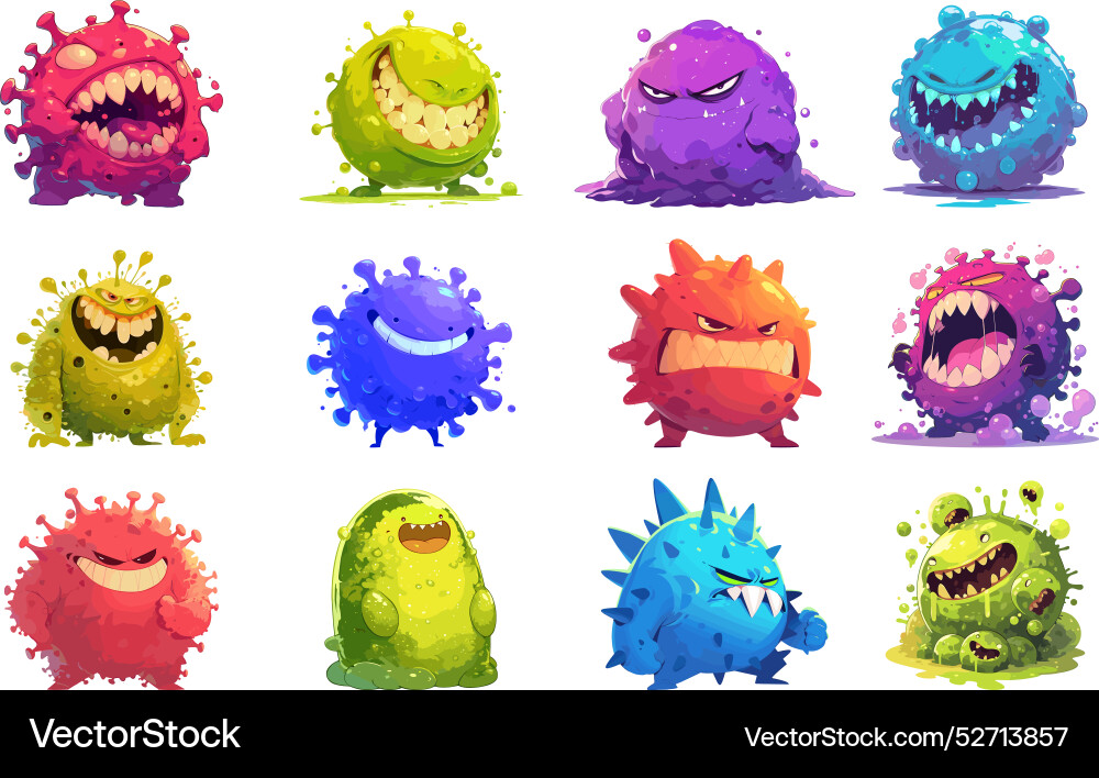 Cartoon evil bacteria set angry virus pathogen Vector Image