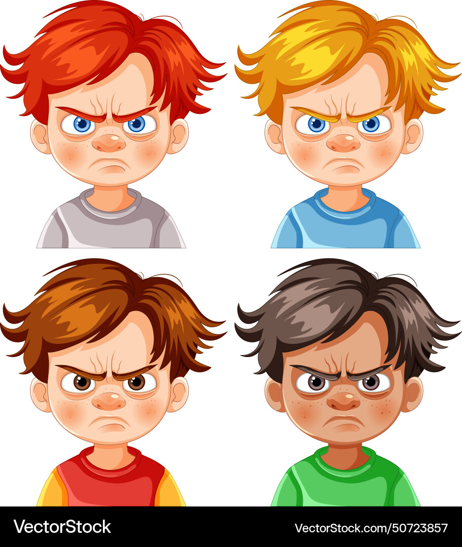 Vier Cartoons Kinder zeigen verschiedene wütend Vektorbild