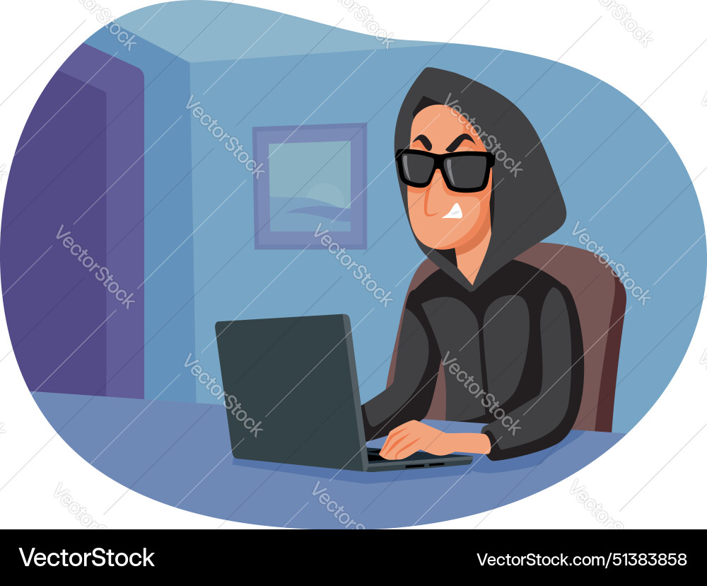 Hacker typing on a laptop scamming people cartoon Vector Image
