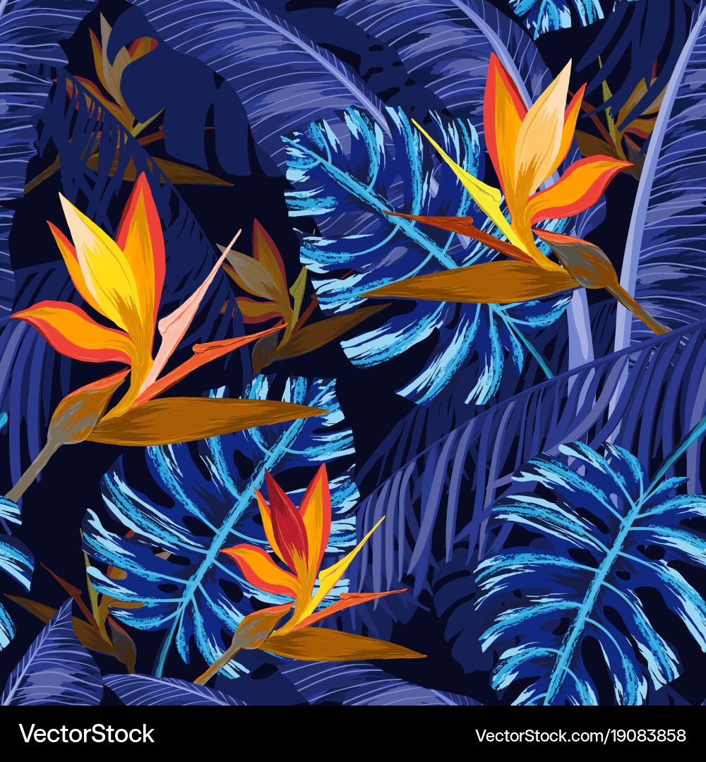 Seamless pattern with blue tropical flowers Vector Image