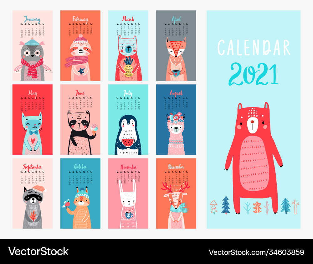 Cute Animals Calendar 2021 - Monthly Royalty Free Vector
