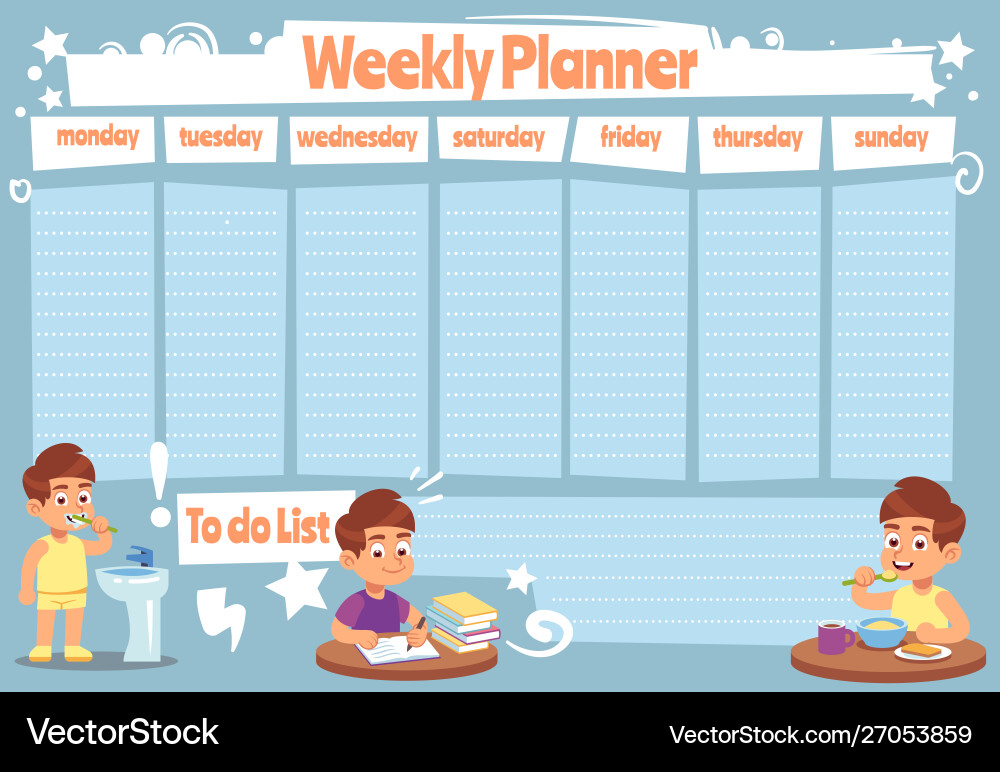 Kid weekly planner children cute calendar weeks Vector Image