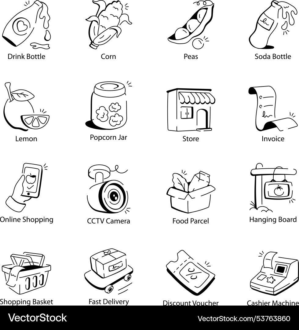 Basic collection of doodle style supermarket icons
