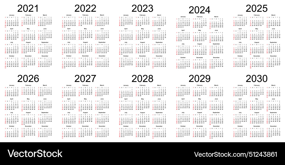 Calendar 2021- 2030 years Royalty Free Vector Image