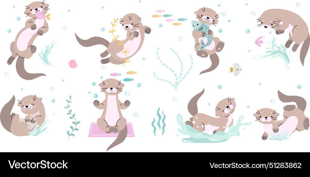Cute otters characters otter poses isolated Vector Image