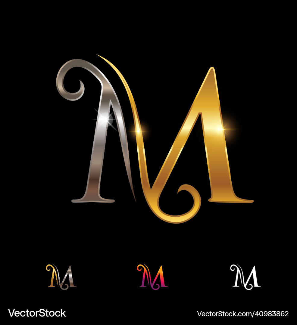 Gold and silver cursive monogram letter m Vector Image