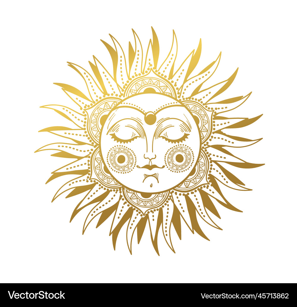 Mystical sun drawing with face golden magical Vector Image
