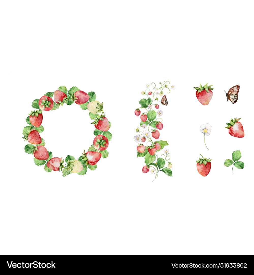 Watercolor strawberry set wit wreath berry Vector Image