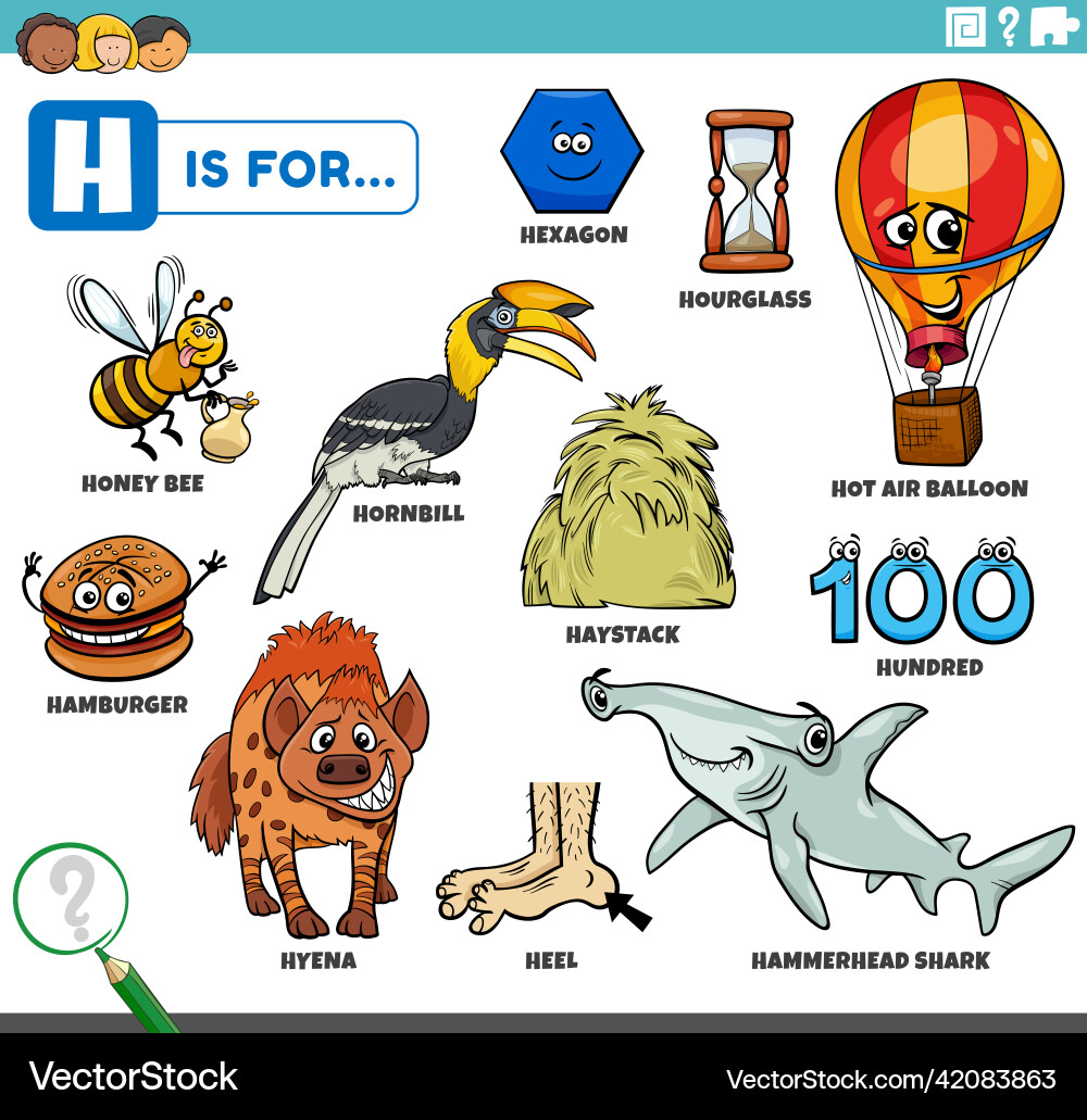 Letter h words educational set with cartoon Vector Image