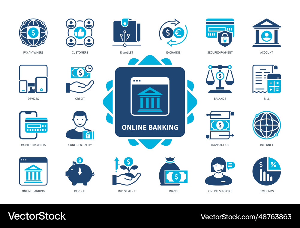 Online banking solid icon set Royalty Free Vector Image