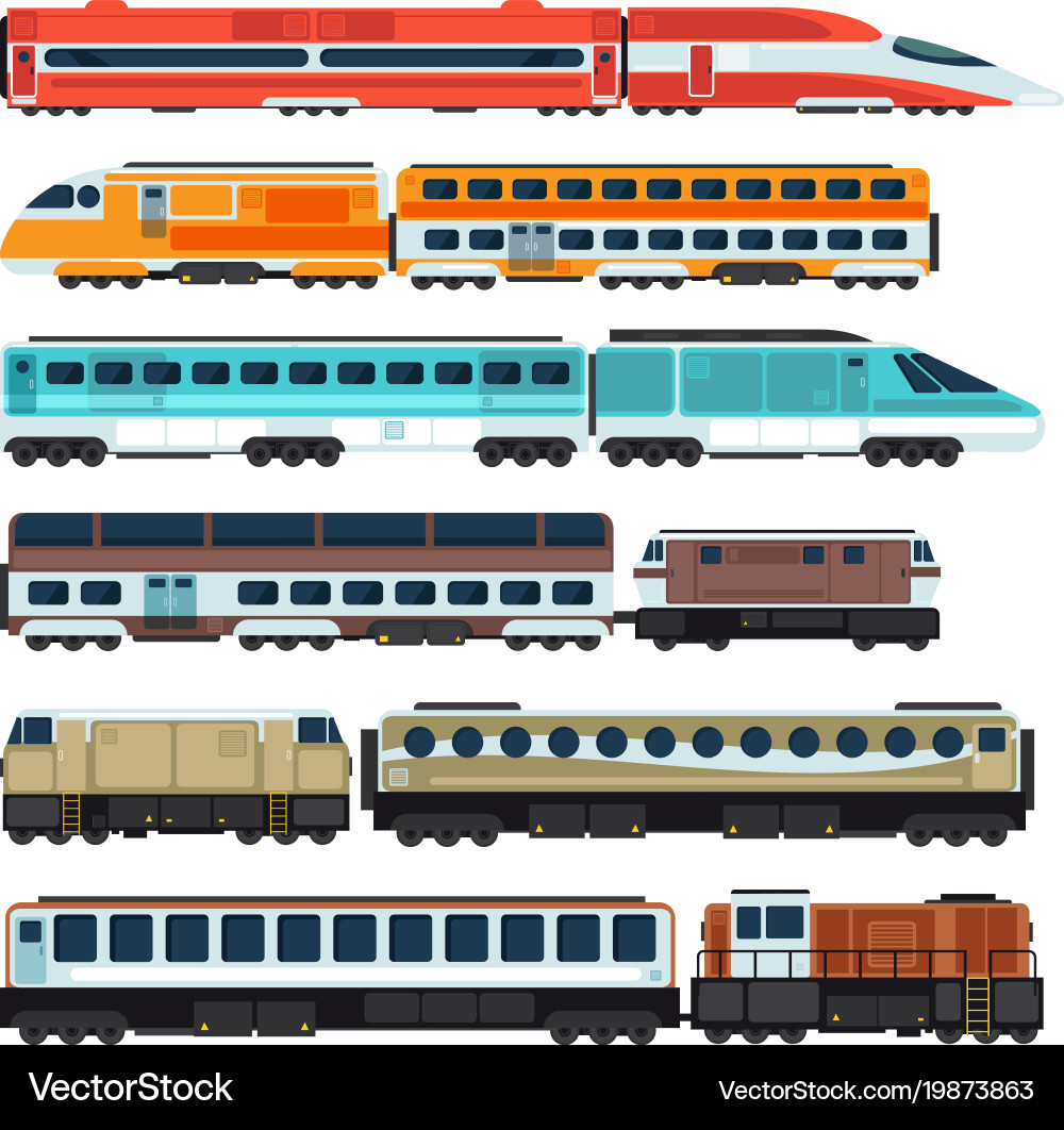 Railroad passenger trains and carriages flat Vector Image