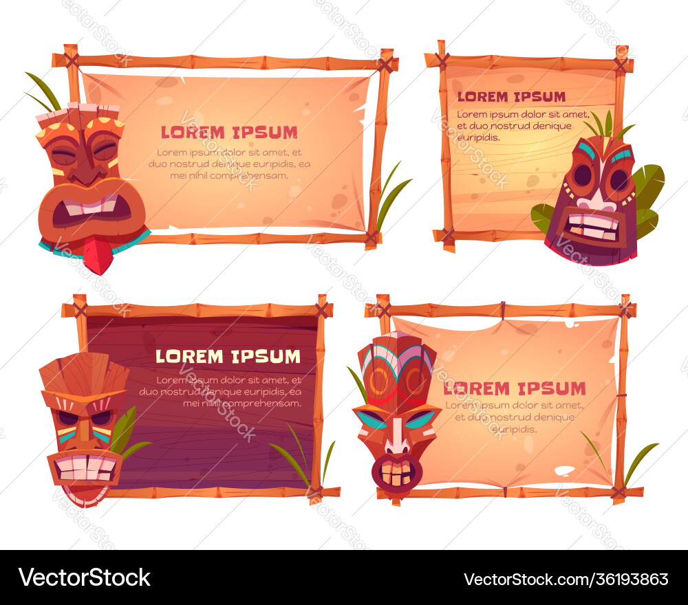 Sign boards with bamboo frames and tiki masks Vector Image