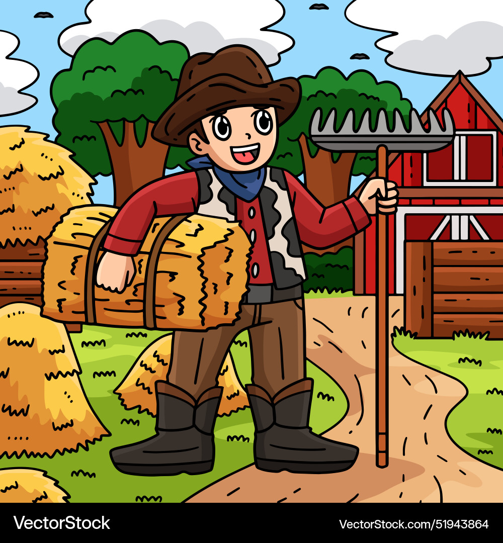 Cowboy with rake and hay colored cartoon Vector Image