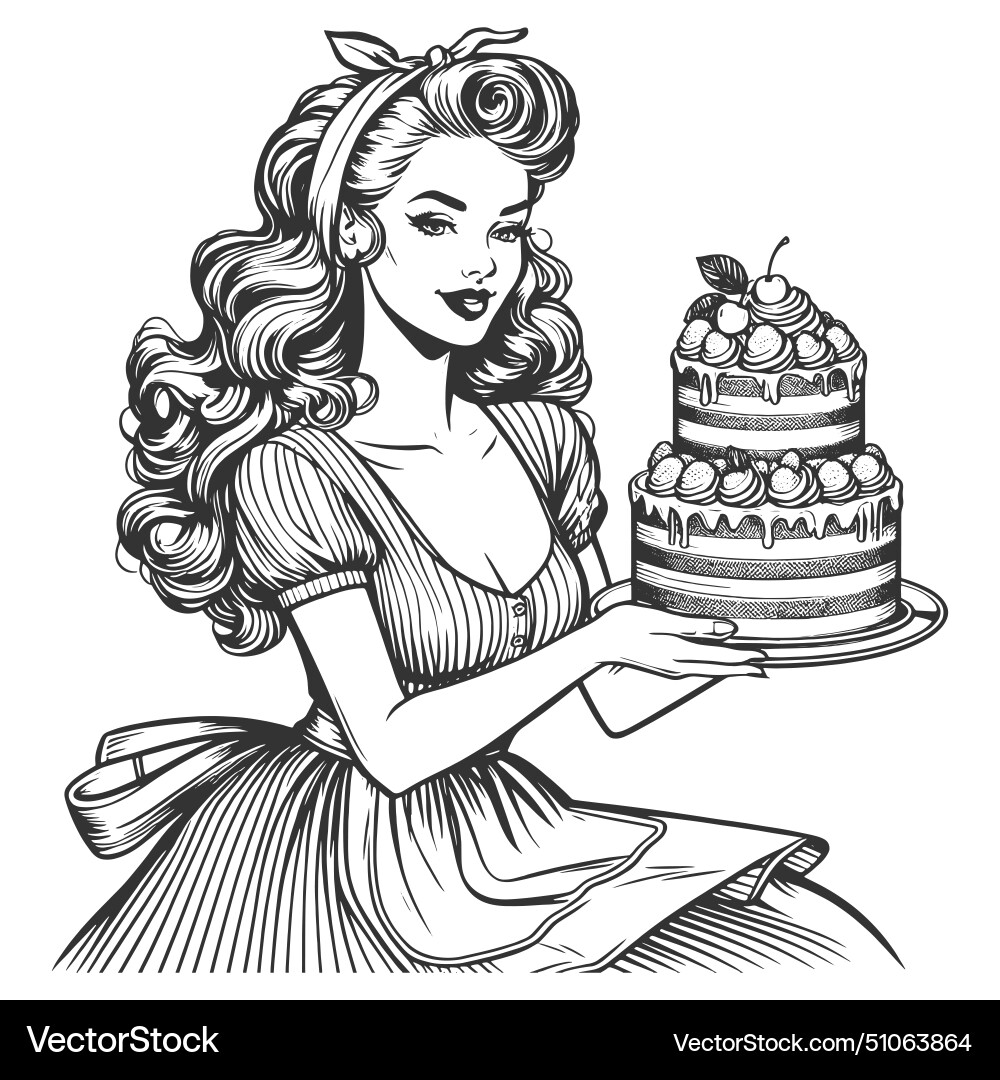Woman presenting a layered cake engraving Vector Image