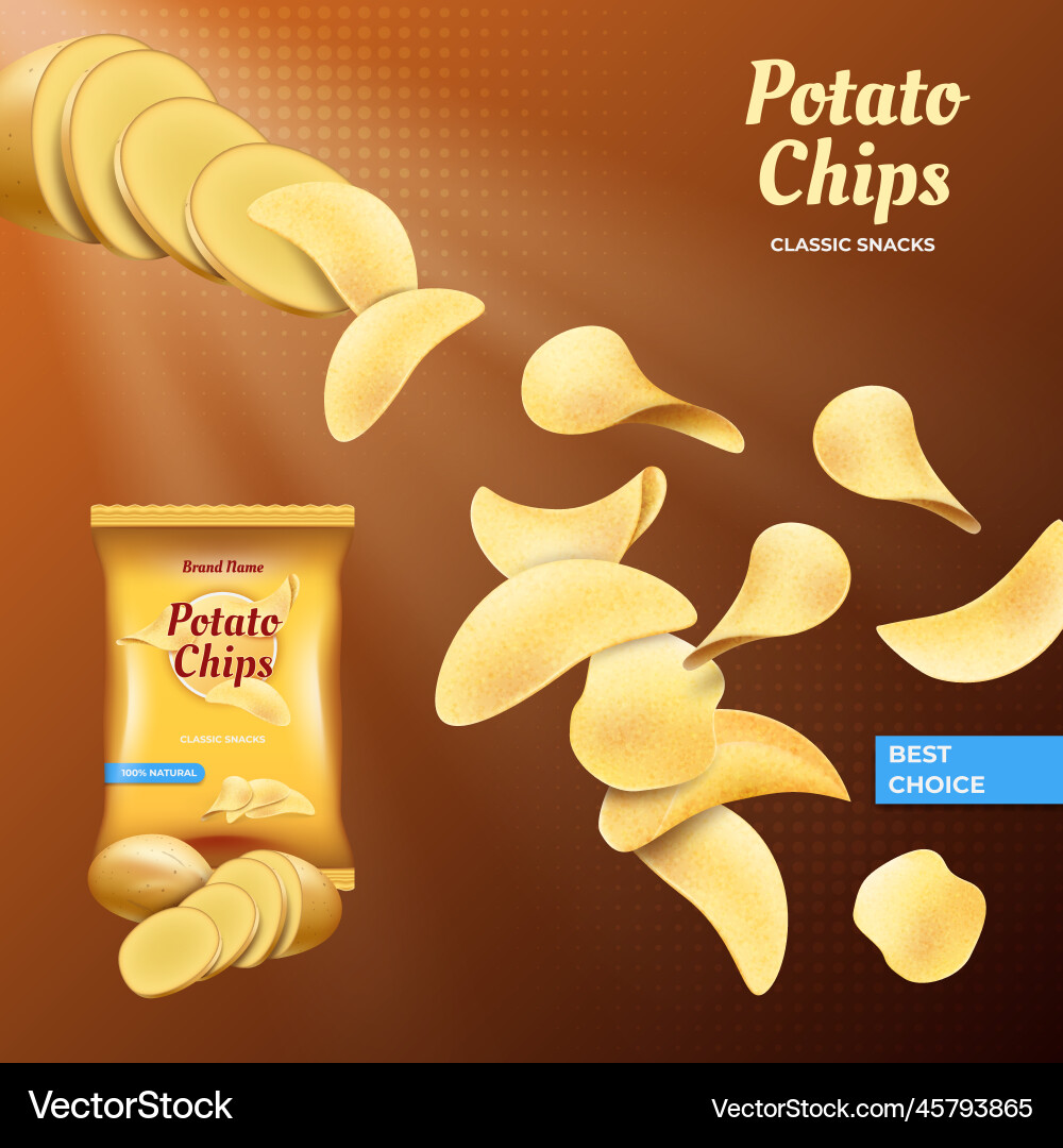 Potato chips snack advertising crisp package Vector Image