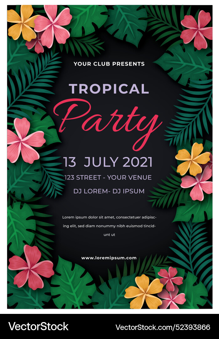 Tropical party poster template with leaves Vector Image
