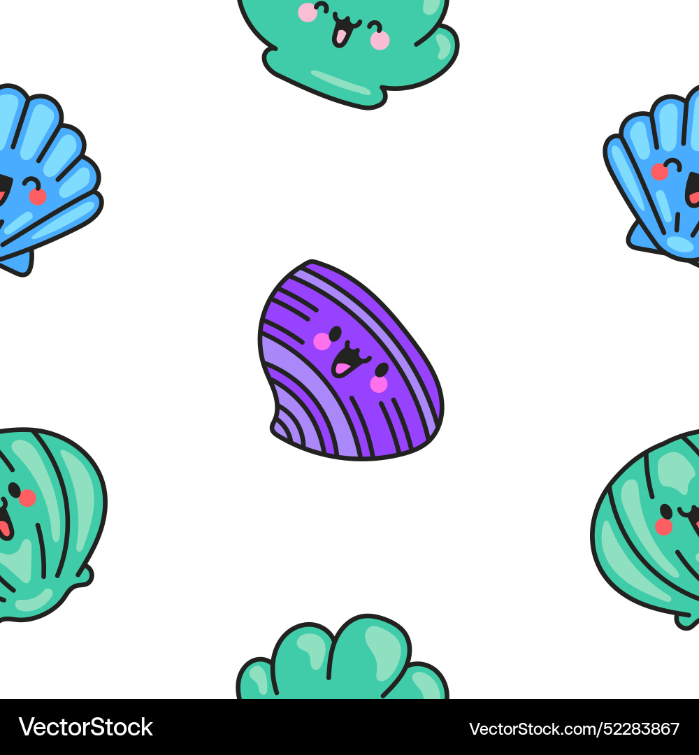 Cute kawaii sea shell seamless pattern Royalty Free Vector