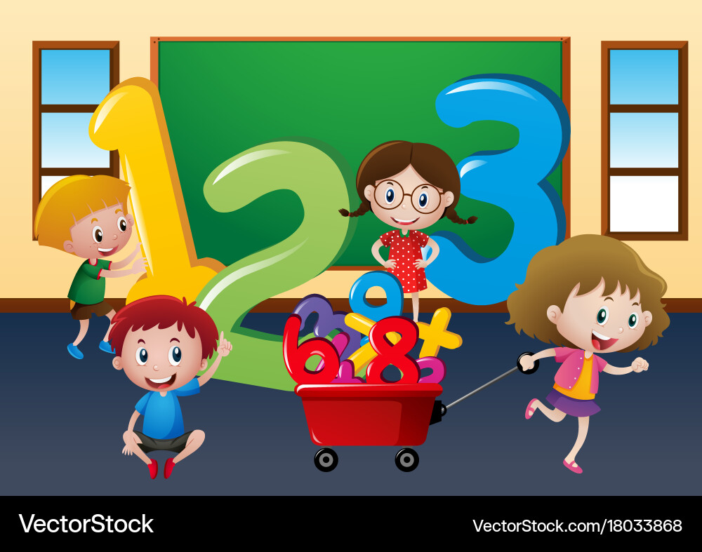 Happy children with large numbers in class Vector Image