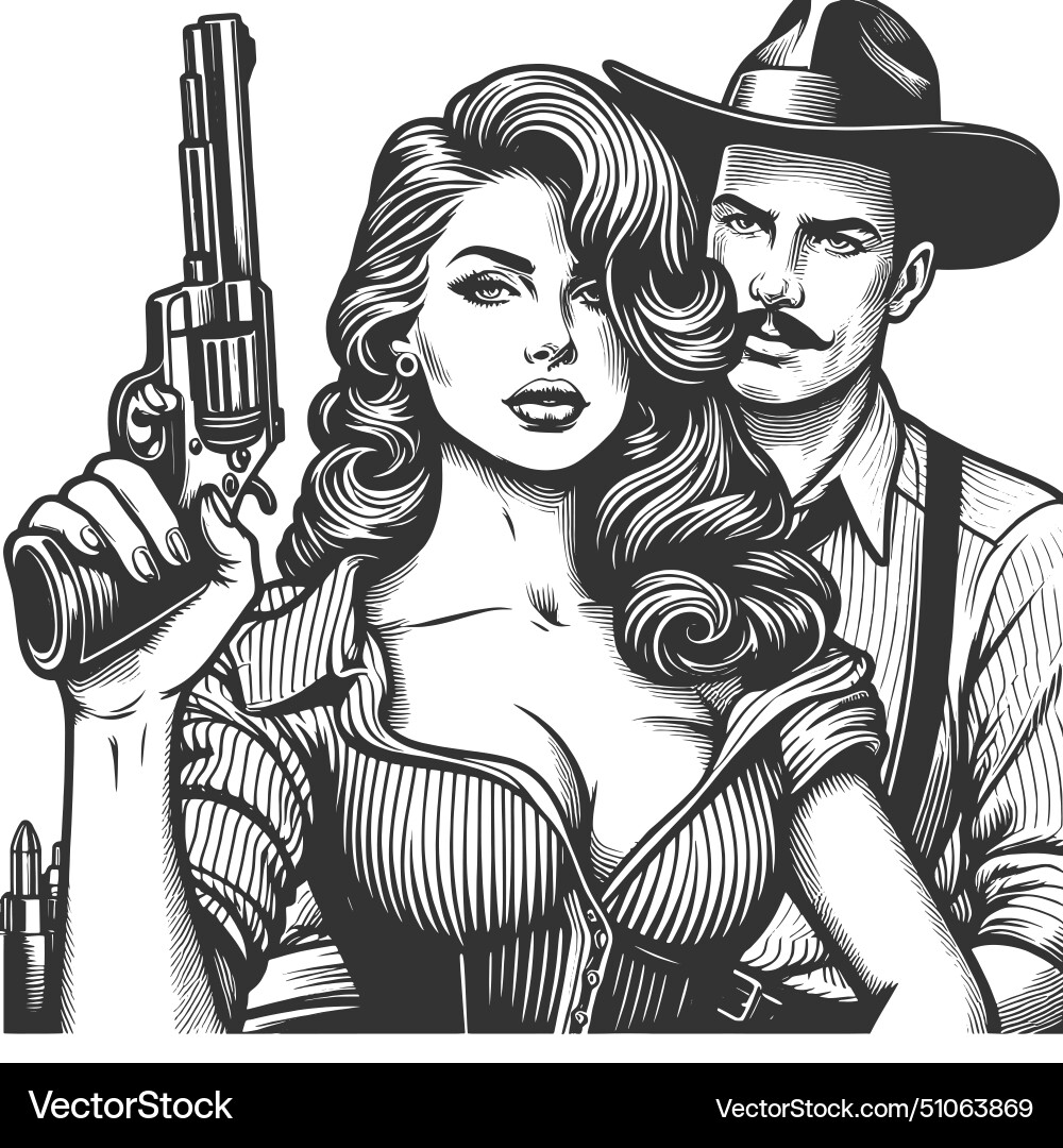 Gangster woman with revolver and man sketch Vector Image