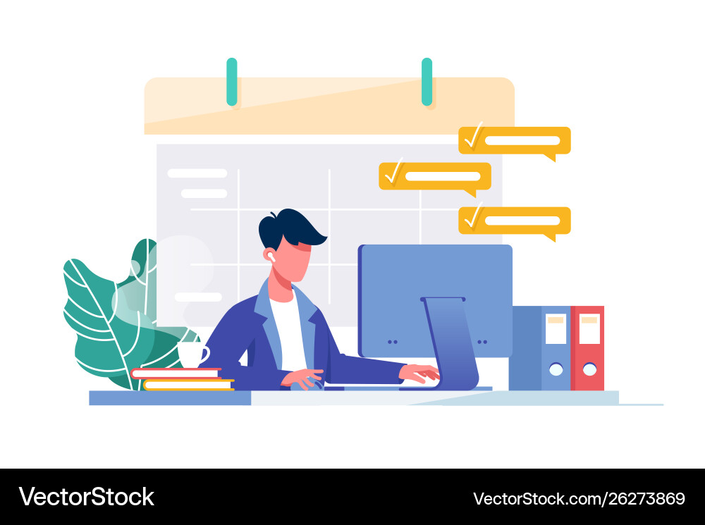 Young man with computer fills schedule calendar Vector Image