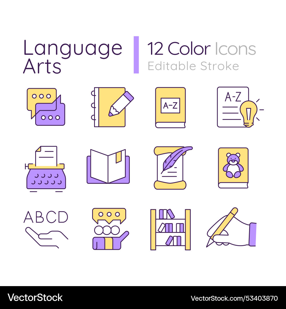 Language arts rgb color icons set Royalty Free Vector Image