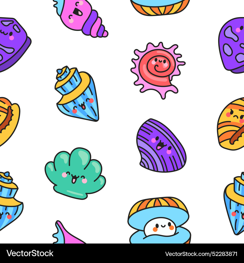 Cute kawaii sea shell seamless pattern Royalty Free Vector