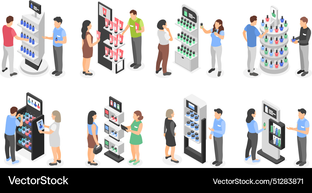 Isometric exhibition stands with promoters Vector Image