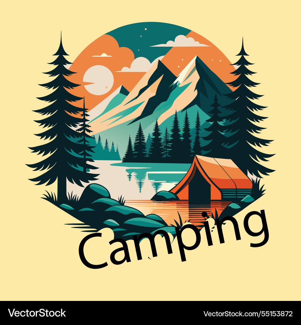 Scenic camping with mountains lake Royalty Free Vector Image