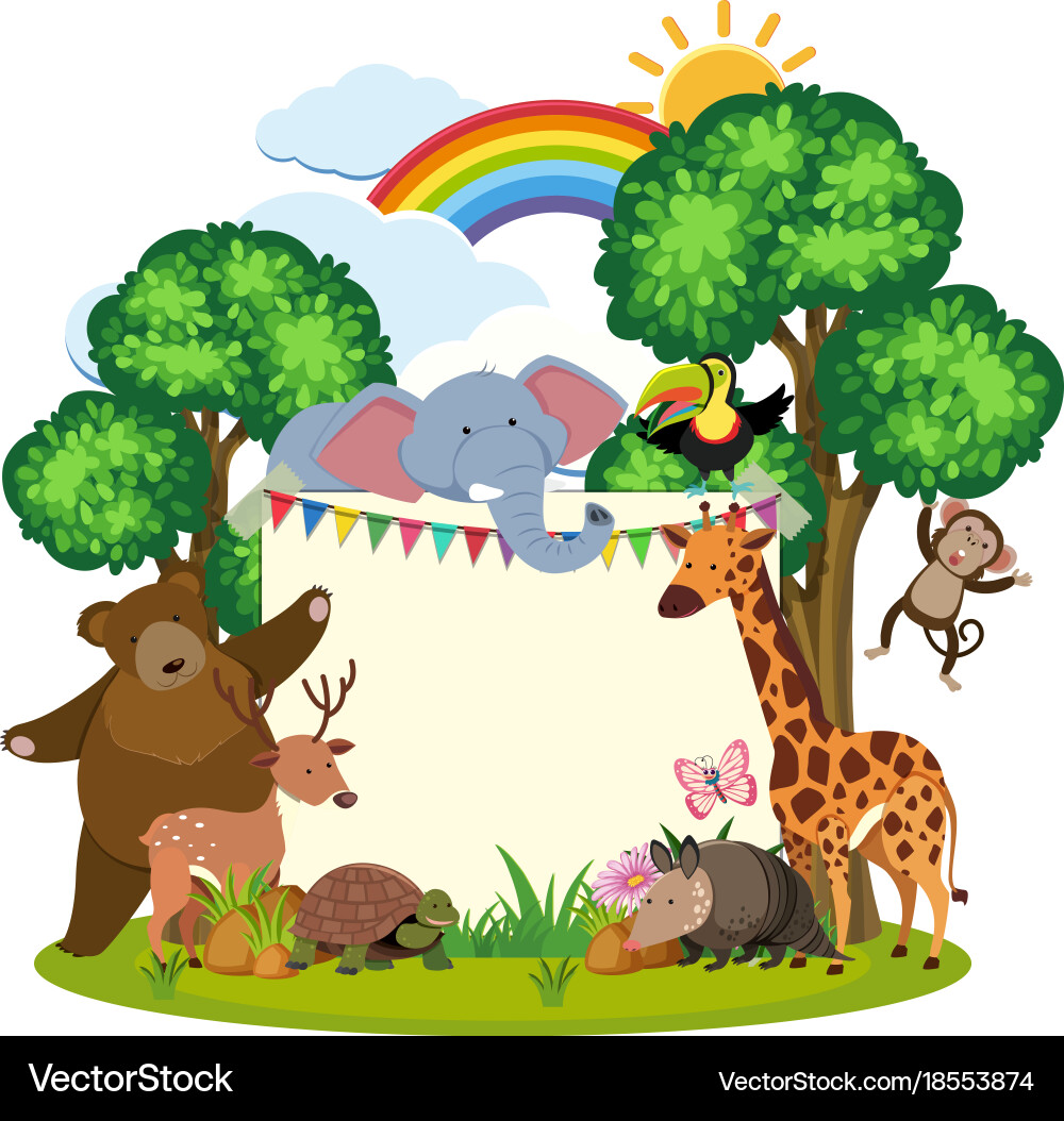 Border template with cute animals in garden Vector Image