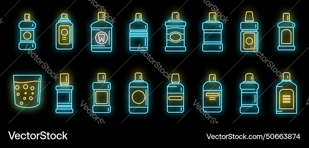Tooth rinse icons set neon Royalty Free Vector Image