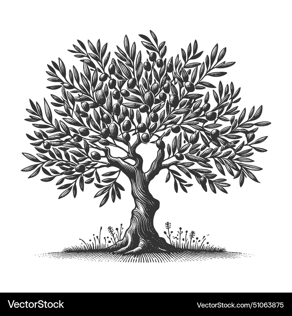 Olive tree with ripe olives engraving Royalty Free Vector