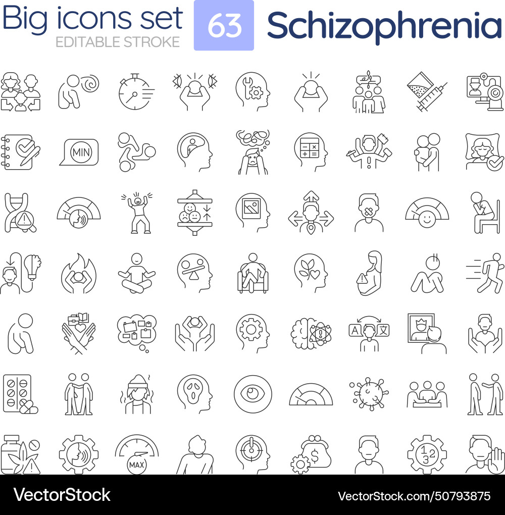 Schizophrenia disorder linear icons set Royalty Free Vector