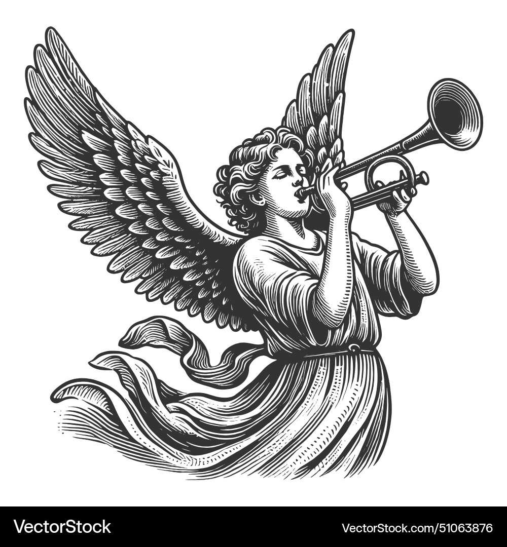 Angelic trumpeter with wings engraving Royalty Free Vector